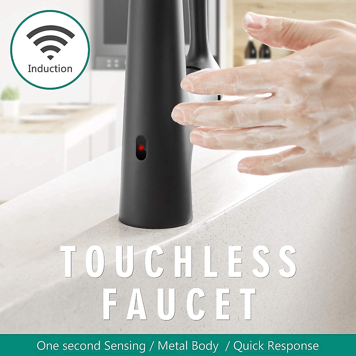 GIMILI Motion Sensor Activated Hands-Free Kitchen Sink Faucet with Soap Dispenser,Matte Black