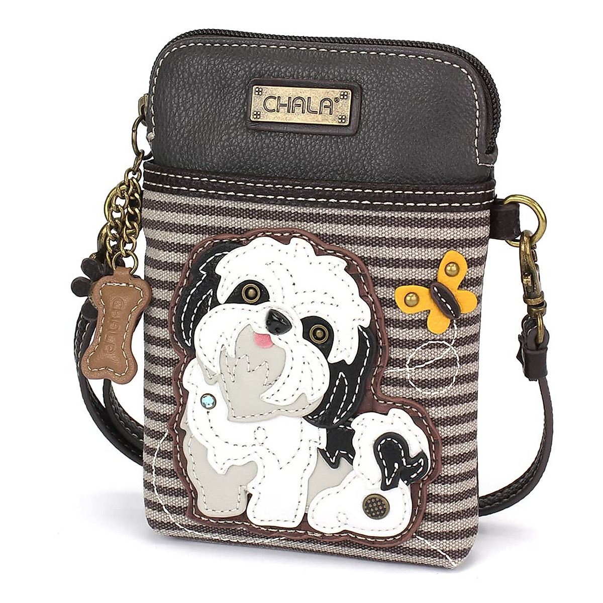 CHALA Cell Phone Crossbody Purse-Women PU Leather/Canvas Multicolor Handbag with Adjustable Strap - Shih Tzu - white - gray stripe