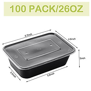 100 Pcs Plastic Meal Prep Containers 26 oz Microwavable Food Storage Containers Reusable Lunch Bowls with Lids Stackable Disposable Lunch Boxes 1 Compartment Bento Box, Dishwasher Freezer Safe, Black