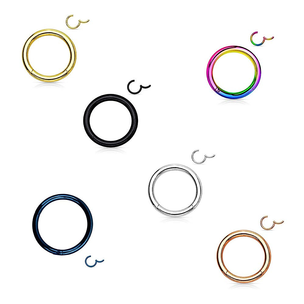 TOPBRIGHT 6 Pcs a Set Seamless Septum Rings Clicker 16G Stainless Steel Hinged Segment Rings for Daith and Lip Piercing (8mm)…