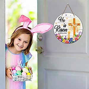 SICOHOME He is Risen Door Sign 11.5" Farmhouse Easter Cross Wreath Sign for Front Door Religious Easter Door Hanger Sign for Home Wall Farmhouse Porch Indoor Outdoor Spring Decor Supplies