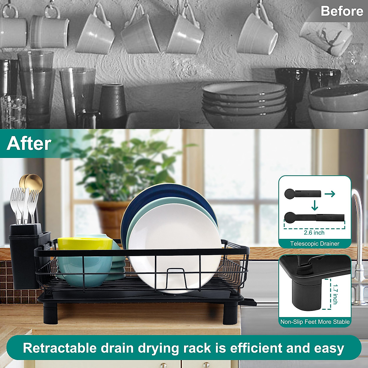 Goderewild Dish Drying Rack for Kitchen Counter,Space-Saving Dish Rack with Drainboard,Rustproof Countertop Dish Drainer with Utensil Holder for Sink,Black