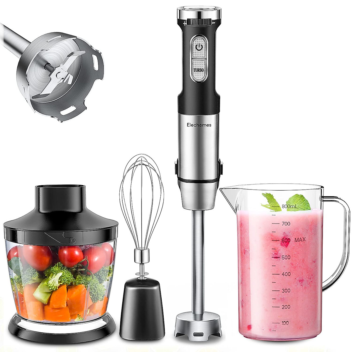 Immersion Blender, Elechomes Hand Blender, 800W Multi-Speed Handheld Blender with Stainless Steel, with 500ML Chopper, 800ML Beaker, Whisk for Smoothie, Baby Food, Sauces, Puree and Soup