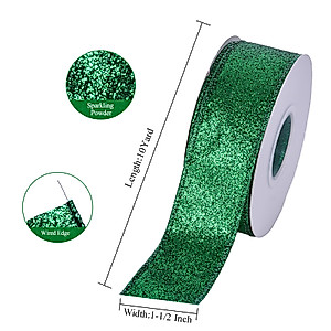 Ribest Green Glitter Wired Ribbon for Christmas Tree Wreath Decoration Home Décor Gift Wrapping Crafts Sewing, 1 1/2 Inch 10 Yard