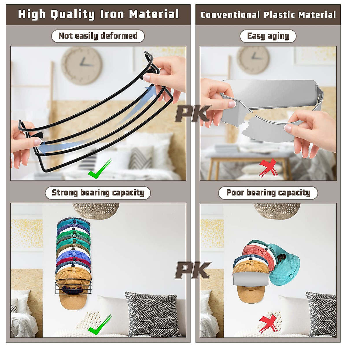 Fikoksol Hat Organizer for Baseball Caps, 2-Pack Black Metal Hat Rack Ball Cap Storage Organizer Hold Up to 30 Caps Hat Holder for Wall Door Closet, Wall Mounted & Adhesive Installation Option