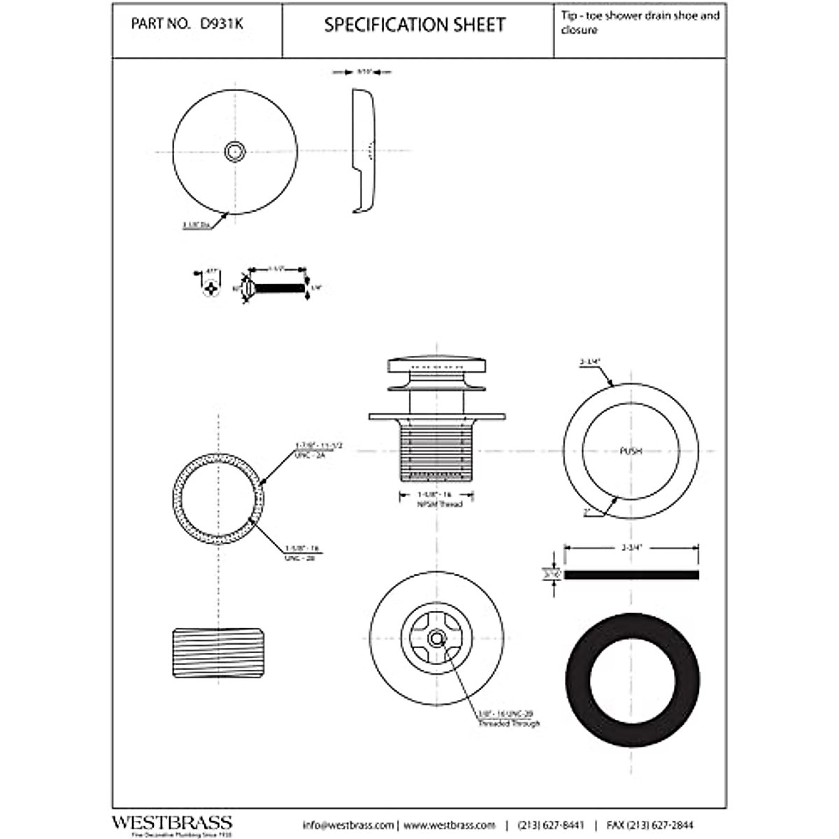 Westbrass D931K-62 1-3/8" Fine Thread Tip-Toe Bathtub Drain Plug Trim Set with One-Hole Overflow Faceplate and 1-1/2" Adapter Bushing, Matte Black