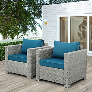 WAROOM Outdoor Sofa Wicker Patio Chairs Set of 2, Porch Single Chair Grey Rattan Deep Seating Armchair Balcony Furniture with Peacock Blue Cushion