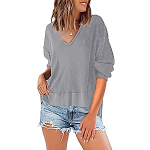 SENSERISE Womens V Neck Waffle Knit Tops Long Sleeve Shirts Oversized Sweater Pullover(Light Grey,M)