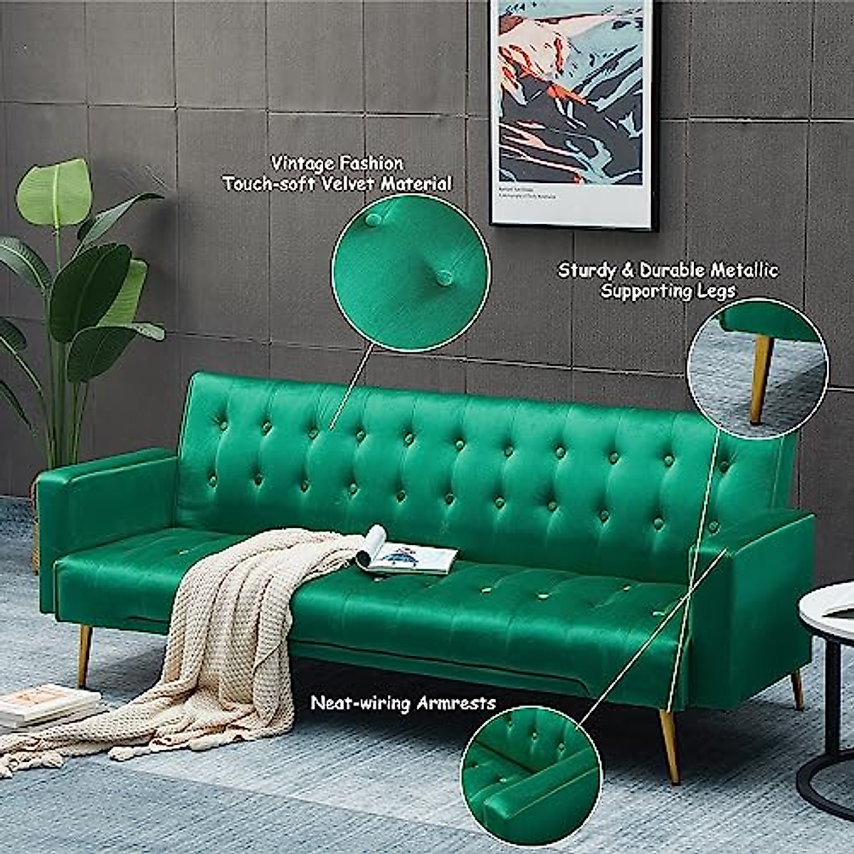 Eliantte Convertible Futon Sofa Bed Couch, Flannelette Sleeper Sofa Couch for Living Room, Loveseat Sofa Bed for Apartment,Studio,Guest Room, Home Office, Green