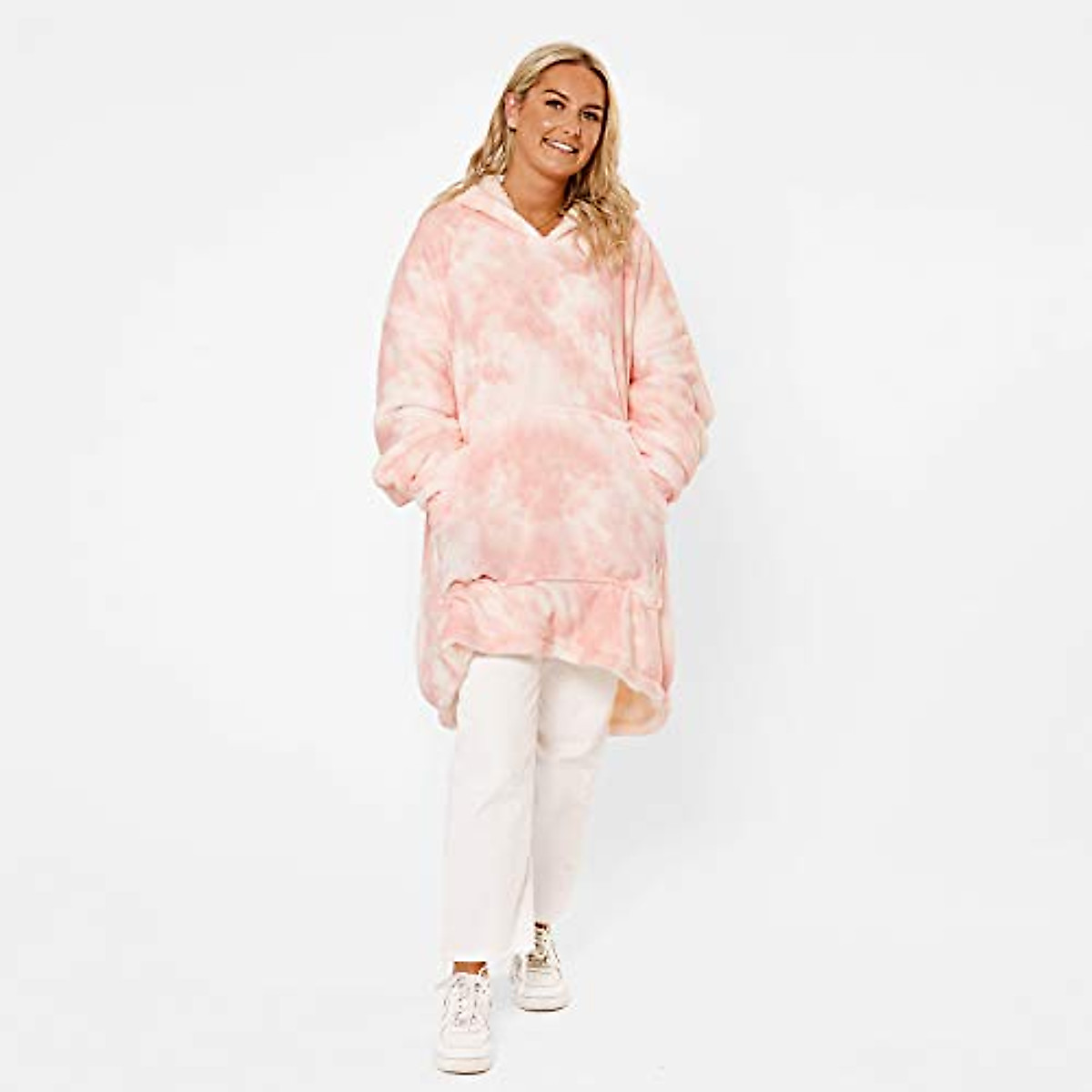 Dreamscene Tie Dye Pastel Hooded Hoodie Blanket Oversized Pullover Soft Sherpa Fleece Comfy Wearable Blanket Throw Giant Sweatshirt for Girls Teens Women Adults, One Size - Blush Pink