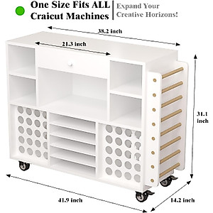 Craft organization and storage Cart Compatible with Cricut Machine, Rolling Craft Organizer With large drawer & 48 Vinyl Roll Holder, Crafting Cabinet Table Workstation for Craft Room Home
