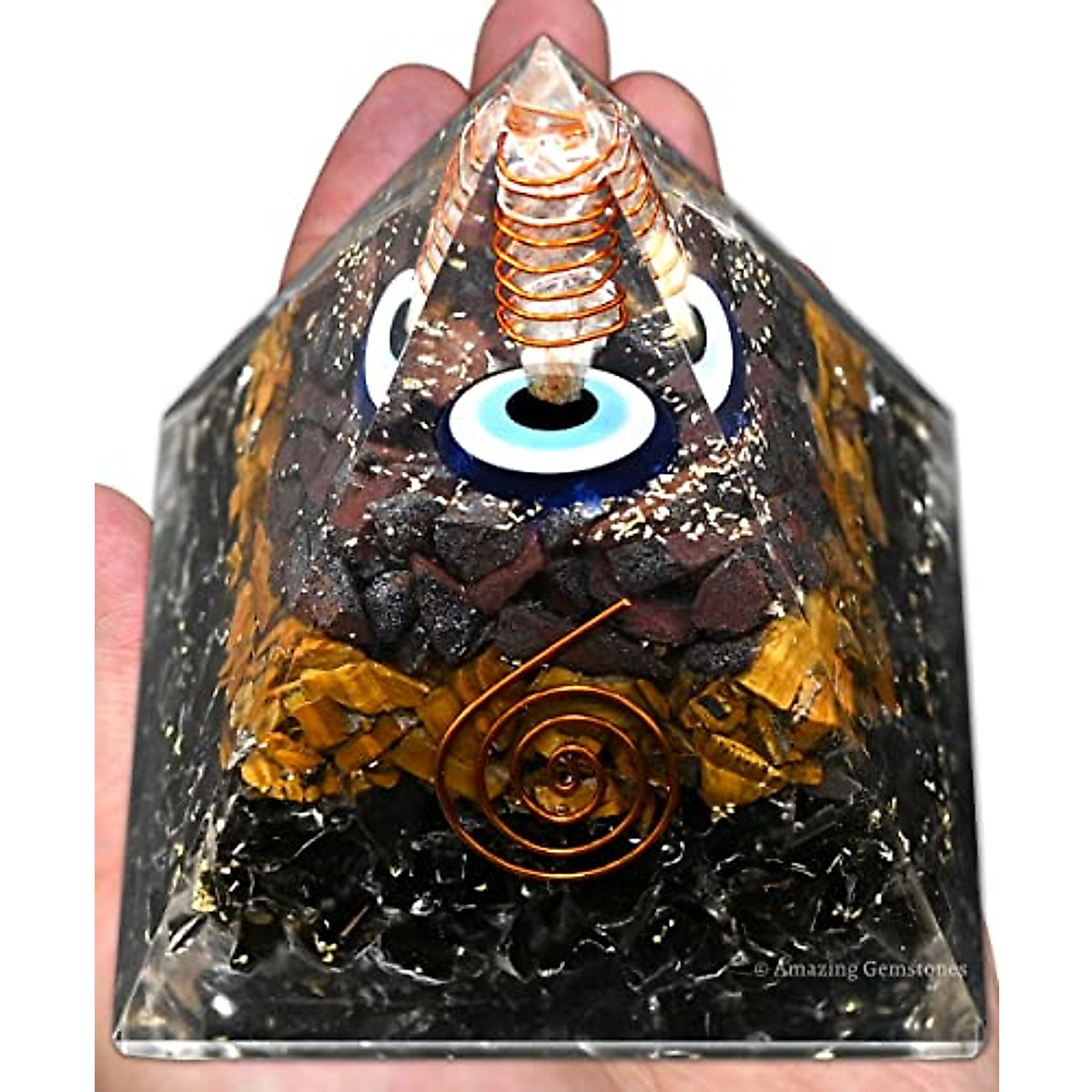 Organite Orgone Pyramid Extra Large 95 MM - Orgone Energy Pyramid with Evil Eye, Hematite, Tiger Eye, Black Obsidian Crystals and Healing Stone - Orgonite Pyramids Crystals and Positive Energy