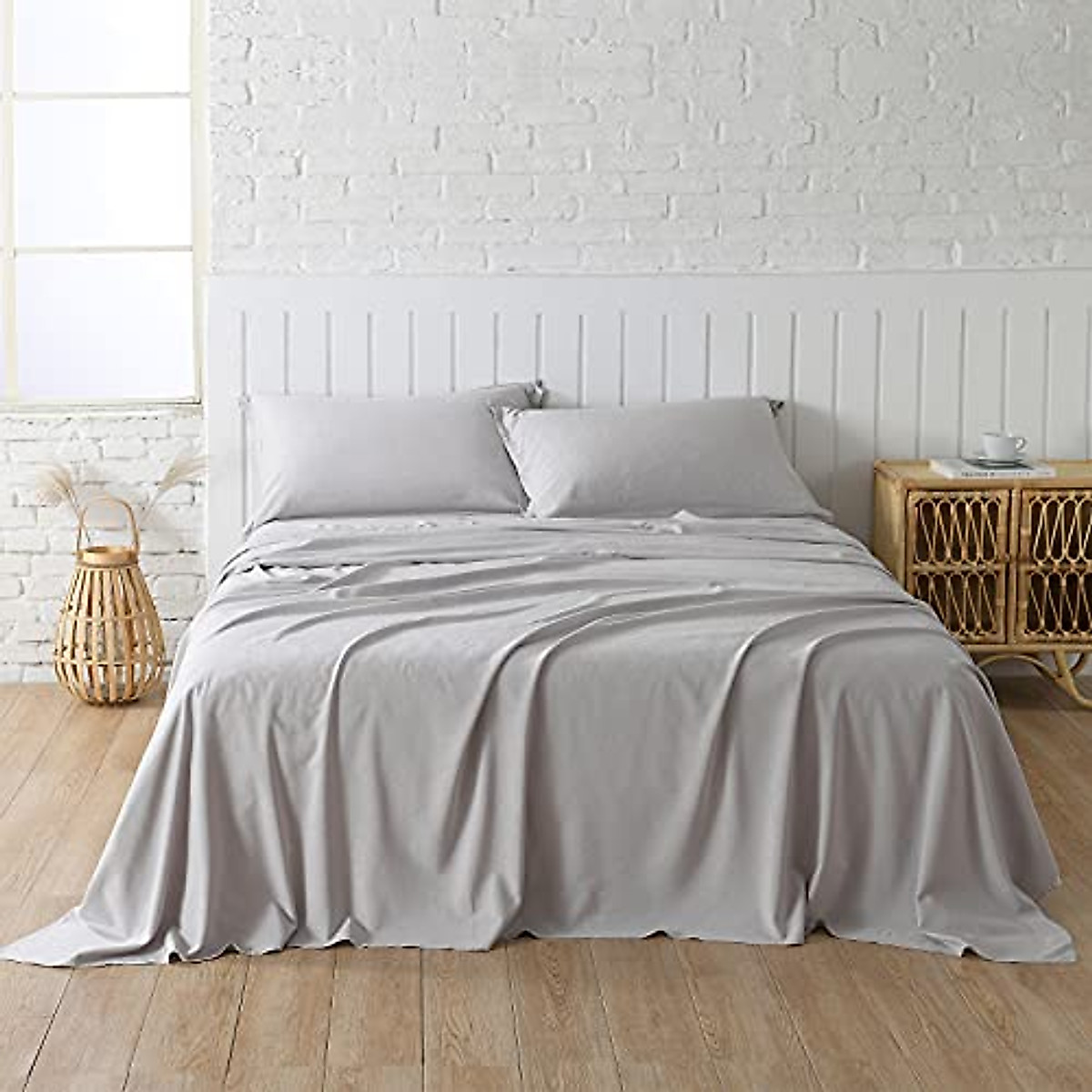 Light Grey Linen-Textured 55% Viscose from Bamboo 45% Cotton Sheets Set Queen Size, Soft Cool & Breathable Sheets for Hot Sleepers, Durable Natural Organic Bed Sheets 16" Deep Pocket - 4 Piece