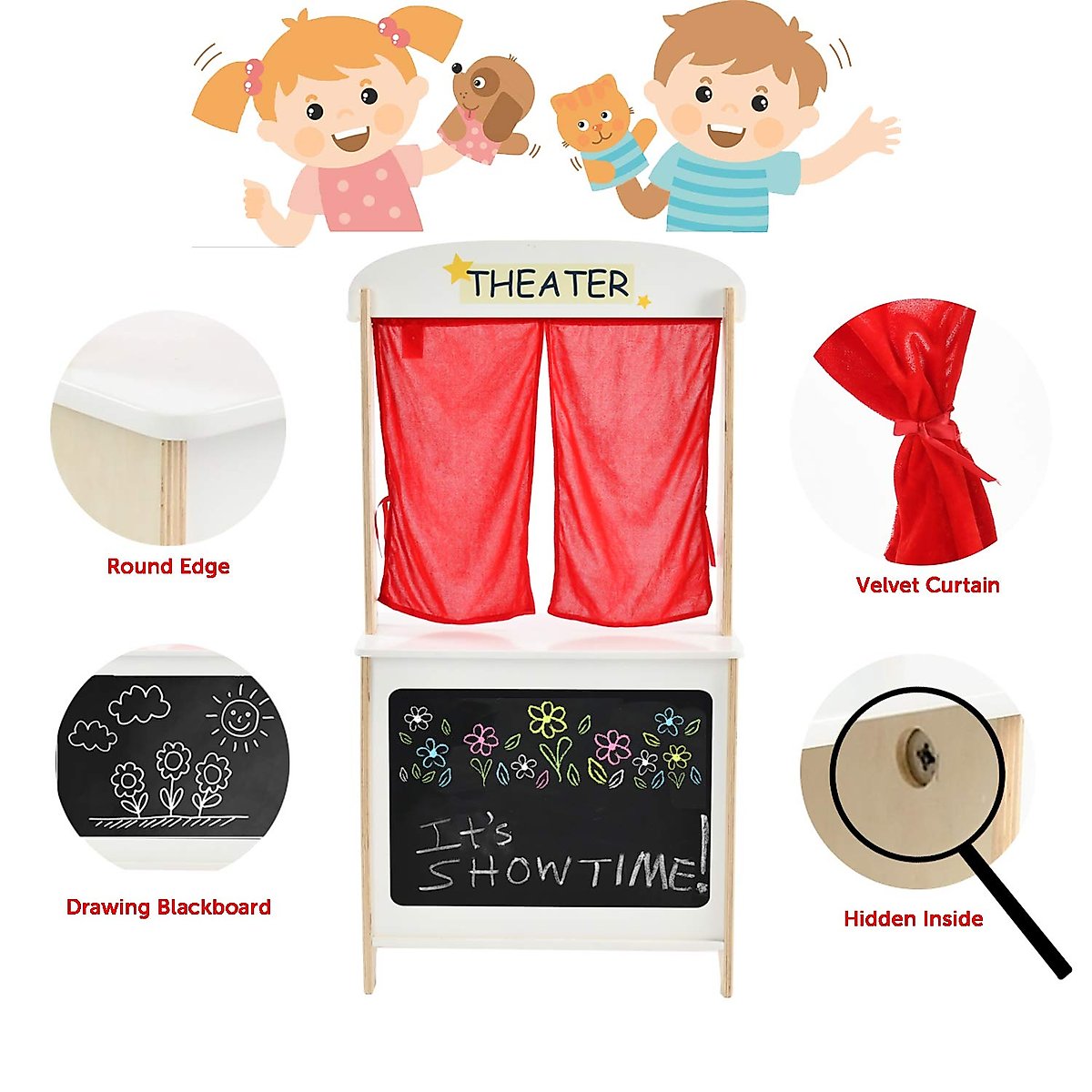 labebe - Wood Puppet Theater, Flannel Curtain Puppet Stage Theater, 2-Sided Tabletop Puppet Stage Chalkboard, 2-in-1 Puppet Theater Reversible Play Store, Multi-Function Theater for Ages 3 and up