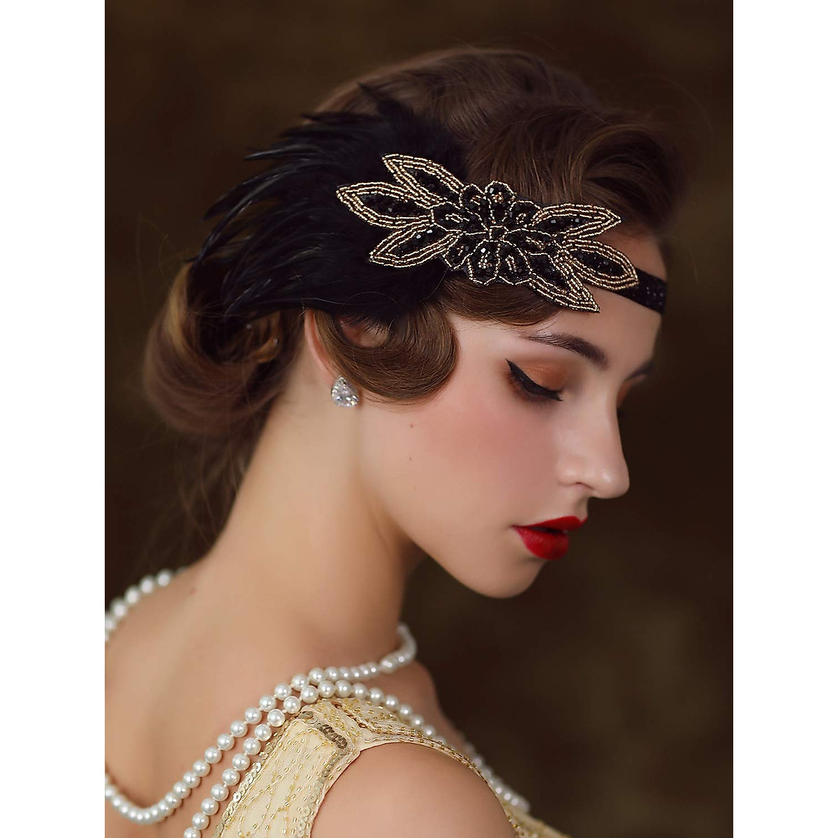 SWEETV 1920s Flapper Feather Headband, 20s Sequined Showgirl Headpiece, Gatsby Hair Accessories for Women (Black)