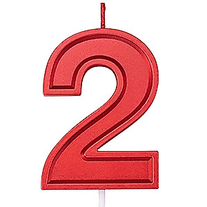 2.75in Large Size Happy Birthday Metallic Red 2 Candles, Red Color Happy Birthday Cake Cupcake Toppers Decoration and Celebrating for Adults/Kids Party Baking (2.75in Metallic Red Number 2)
