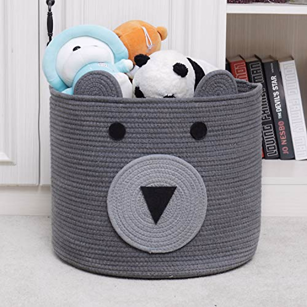 COMEMORY Cotton Rope Storage Basket with Cute Bear Design, Foldable Rope Bin Basket, Decorative Animal Basket for Toys, Blanket, Towels, Clothes, 12"(D) x 10"(H)
