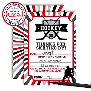 Kids Thank You Cards Black & Red Hockey Birthday Party Thank You Notes, Ten 4" x 5.5" Fill-In The Blank Cards with 10 White Envelopes by AmandaCreation
