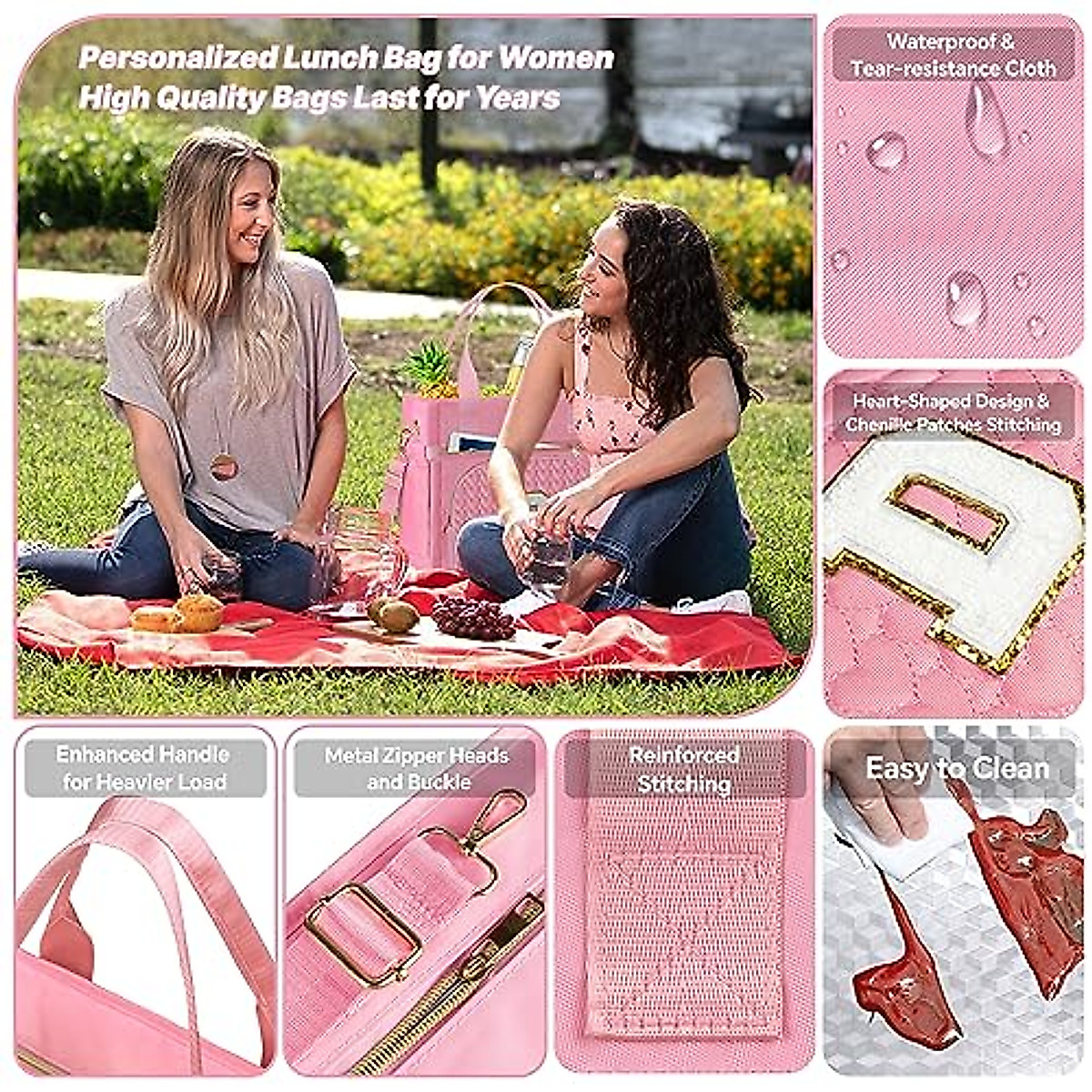 QLOVEA Lunch Bag Women - Insulated Wetproof Lunch Tote Bag - Personalized Gifts for Women, Large Lunch Box with Muti-Pockets and Adjustable Strap - Reusable Lunch Box Ideal for Work Picnics Letter M