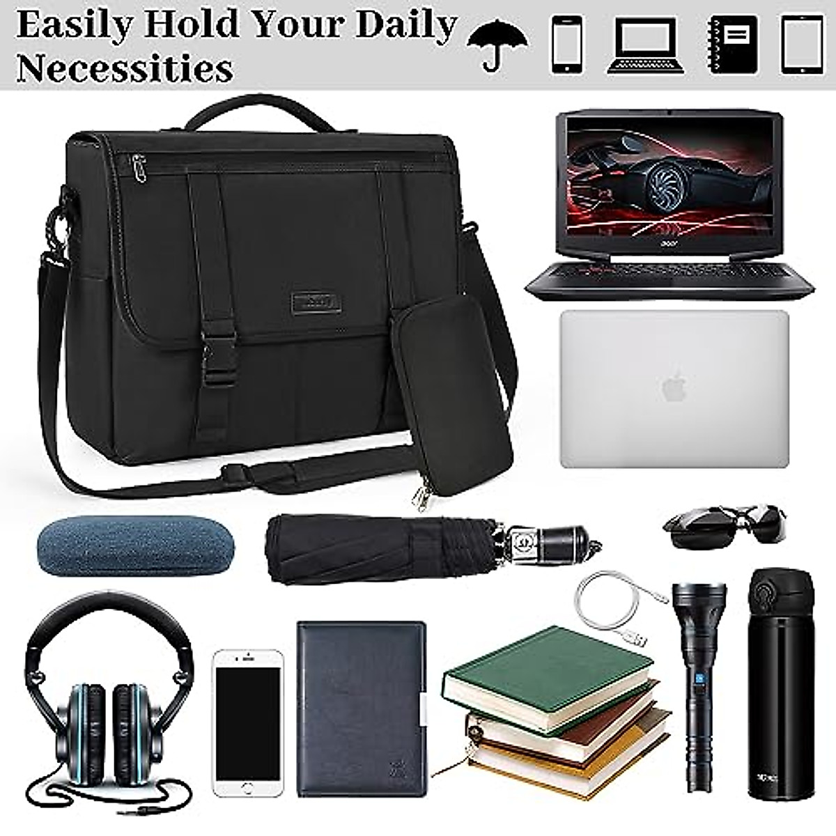 Mens Messenger Bag 15.6 Inch Waterproof Laptop Briefcase Large Satchel Shoulder Bag Office Travel Business Computer Laptop Bag Cable Organizer Bag Set 2pcs,Black