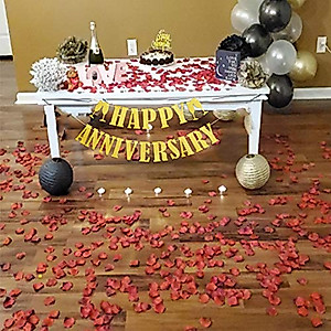 Happy Anniversary Decorations, Happy Wedding Anniversary Decorations with Banner, Cake Topper, Glitter Hanging, Ribbon and Balloons for All Ages' Anniversary Party Decorations (Black/Gold)