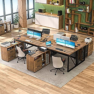 Unikito 55 Inch Executive Desk and Lateral File Cabinet, L Shaped Office Desk with Power Outlet and USB Port, Large Computer Table Home Office Furniture with Drawers and Storage Shelves, Rustic Walnut