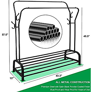 RELIANCER Heavy Duty Deluxe Double-Rail Garment Rack w/ 2 Tier Shoe Shelves 140lb Capacity Large Clothes Hanging Rack Commercial Clothing Organizer Indoor Bedroom Store Coat Hanger Holder
