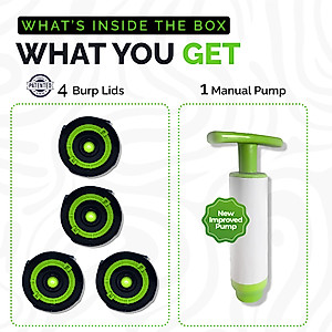 Wide Mouth Mason Jar Lids for Curing, Harvesting, Fermenting, Canning. Vacuum Sealed Patented Tech that Includes 4 Lids with Extraction Pump By Burp Lids