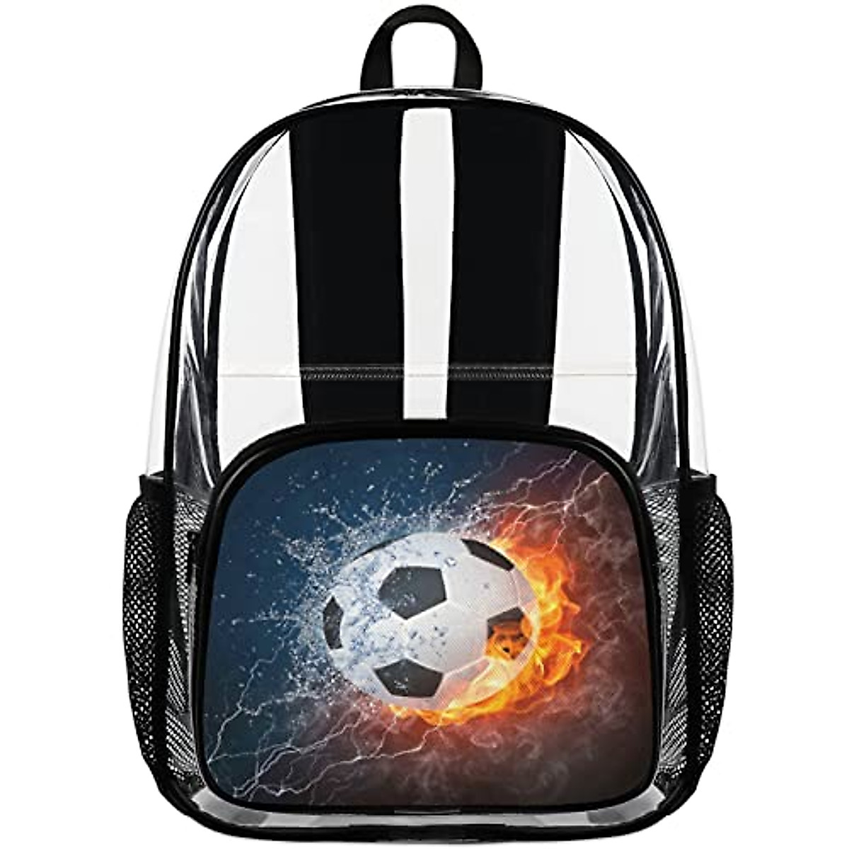 Sport Football Clear Backpack, Fire and Water Soccer Heavy Duty PVC Transparent Backpack See Through Waterproof Backpacks Large Bookbag with Adjustable Shoulder Straps for Work Travel School College