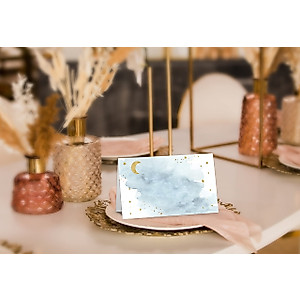 Table Place Card for Baby Shower, 25 Pcs Tent Cards Set with Moon and Stars Design, Editable Name Cards for Table Seating, Sleepover Party Food Lables, Twinkle Little Star Baby Shower Decorations(09)