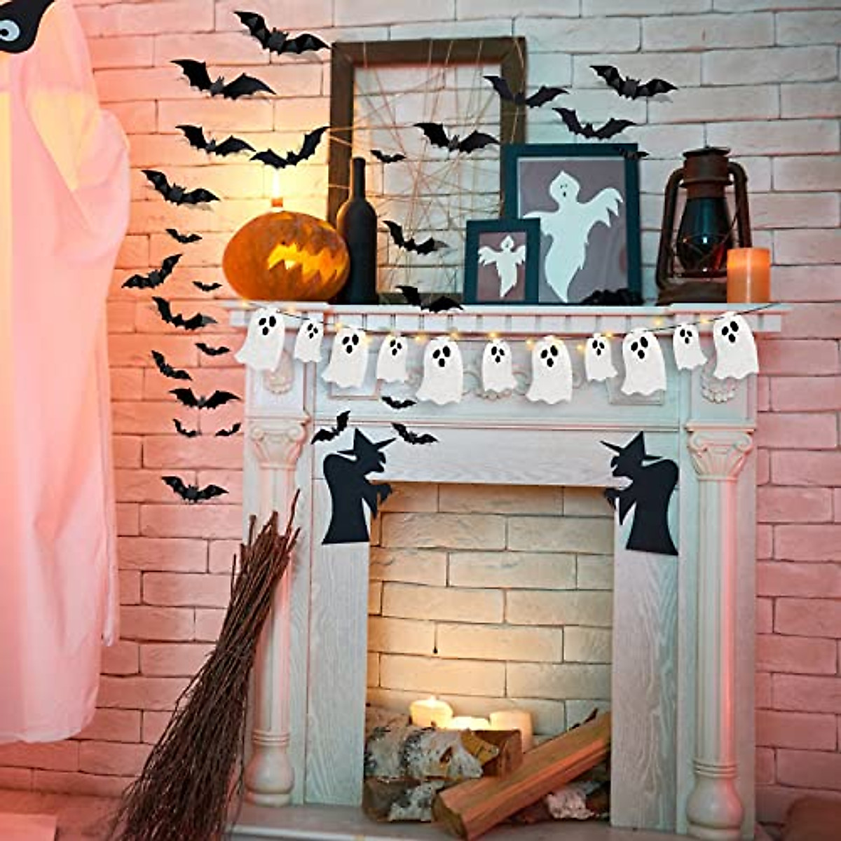 IWPTY Halloween Ghost Banner, Ghost Garland White Glittery Halloween Decorations for Party Indoor Outdoor Haunted Houses, Home House Doorways Mantel Wall Decor Supplies - 2 Packs with 2 String Lights