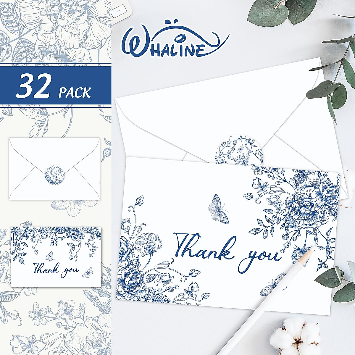 Whaline 32 Packs Floral Thank You Cards Blue White Chinoiserie Flower Greeting Cards Blank Note Cards with Envelopes and Stickers for Wedding Birthday Bridal Shower, 4 x 6 Inch