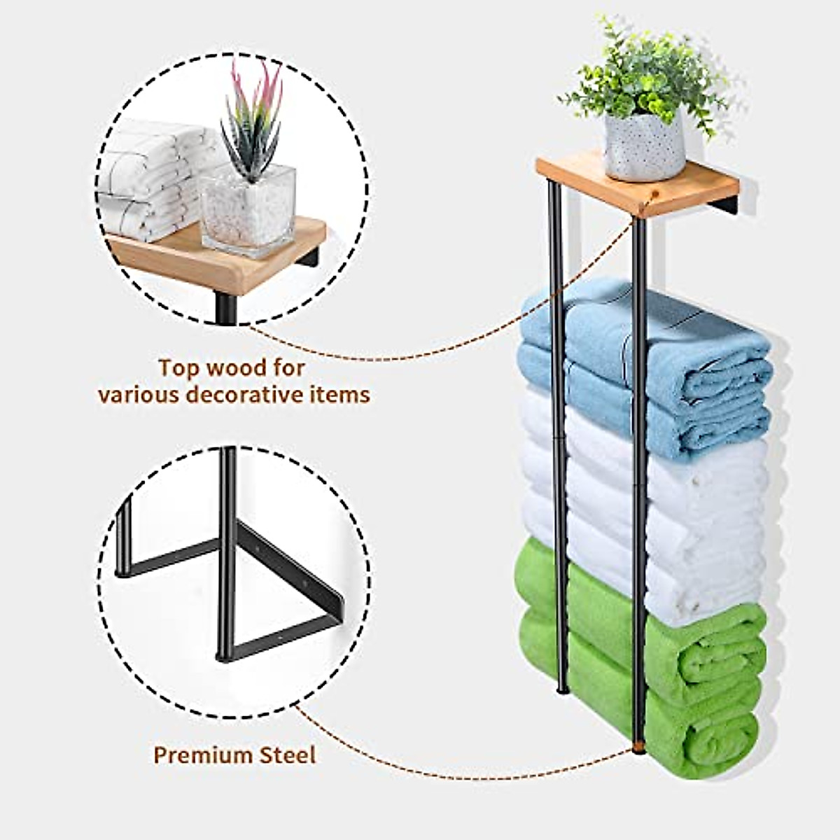 Towel Rack Wall Mounted - KEGII Towel Racks with New Upgrade Wood Shelf, Towel Storage Wall Can Holds Up to 5 Large Size(63x40 inch) of Rolled Towels