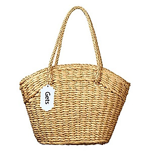 Gets Handmade Tote Straw Bag Rattan Summer Beach Shoulder Bag for Women (Brown)
