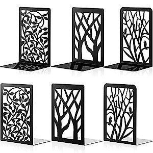 3 Pairs Metal Bookends for Shelves Decorative Tree Book Holder Leaf Bookends Geometrical Art Design Book Stopper for Book Divider Decorative Holder, Home, Office, School Supplies (Black, Tree Shadows)