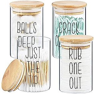 4 Pack Glass Apothecary Jars with Bamboo Lids, Qtip Holder Dispenser Bathroom Canisters Storage Organizer for Cotton Swabs, Pads, Balls and Dental Floss
