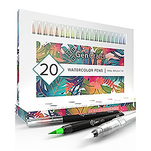 GenCrafts Watercolor Brush Pens Set of 20 Premium Colors - Real Brush Tips - No Mess Storage Case - Washable Nontoxic Markers - Portable Painting