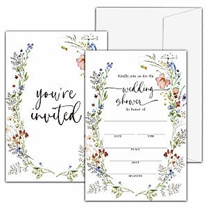 Wildflower Wedding Shower Invitations, Watercolor Floral Wedding Party Invitations, Bridal Shower Party Fill In Invitation Cards, Engagement Party Favor Supplies(20 Invites With 20 Envelopes) -03