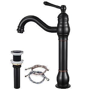 gotonovo Bathroom Vessel Sink Faucet Oil Rubbed Bronze with POP UP Drain Single Lever Handle 1 Hole Bowl Sink Mixer Tap Deck Mount Tall Spout Lavatory Vanity