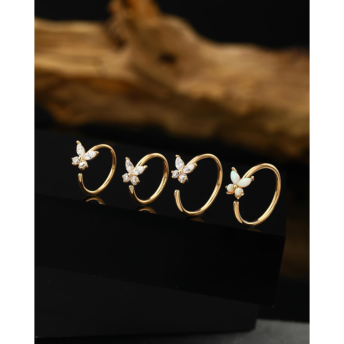 Jewseen 14K Solid Gold Nose Rings Hoop 18G 20G Nose Ring Butterfly Thin Nose Piercings Nose Piercing Jewelry for Women