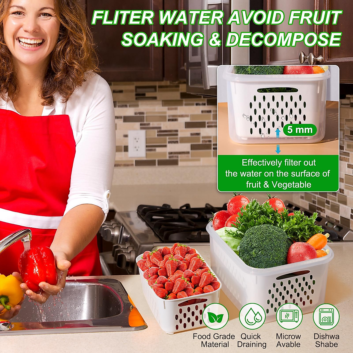 KETNET 5 Size Fruit Vegetable Storage Containers for Fridge with Colander and Lid Refrigerator Storage Containers Bins Organizer for Fruit Food Produce, Lettuce Keeper Keep Fruit Fresh Longer