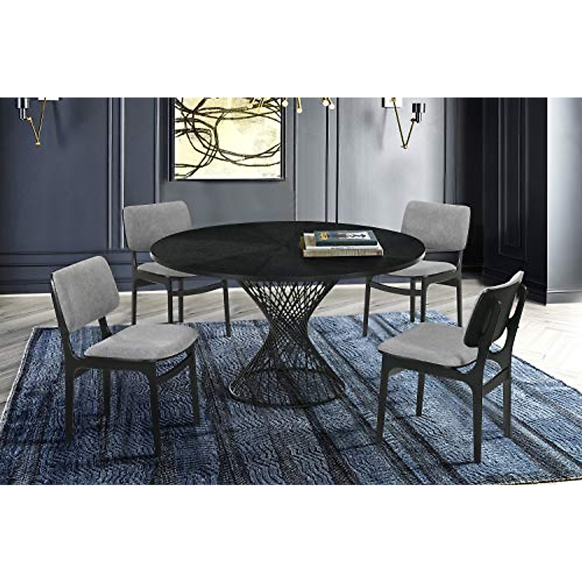 Armen Living Cirque 54" Round Mid-Century Modern Pedestal Black Wood Dining Table with Epoxy Metal Base