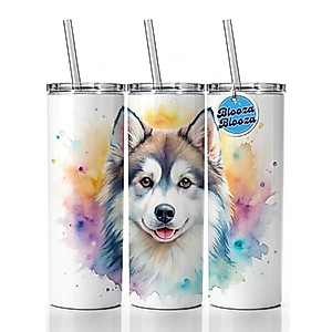 Pomsky Dog Watercolor Style Skinny Tumbler 20oz with Straw Insulated Water Bottle Gift