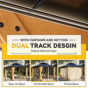 EROMMY 11'x11' Solid Wood Gazebo, Outdoor Hardtop Gazebo Pavilion with Netting and Curtains, Spruce Wooden Frame Double Roof Metal Canopy for Patio Backyard Deck Garden