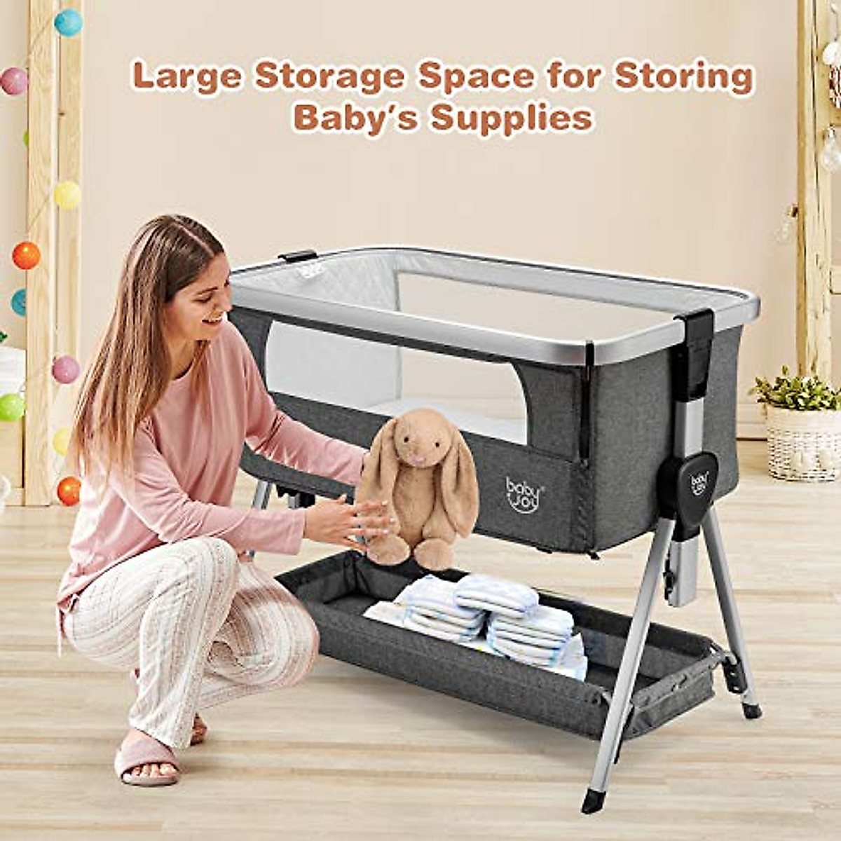 BABY JOY Bedside Bassinet, Portable Baby Crib w/Mattress, Two-Side Breathable Mesh, 7 Height Adjustable, Large Storage, Wheels for Easy Movement, Crib for Newborn Infant, Bassinet for Baby, Dark Grey
