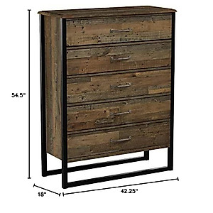 Signature Design by Ashley Sommerford Industrial Farmhouse 5 Drawer Chest with Dovetail Construction, Butcher-Block Brown, Black