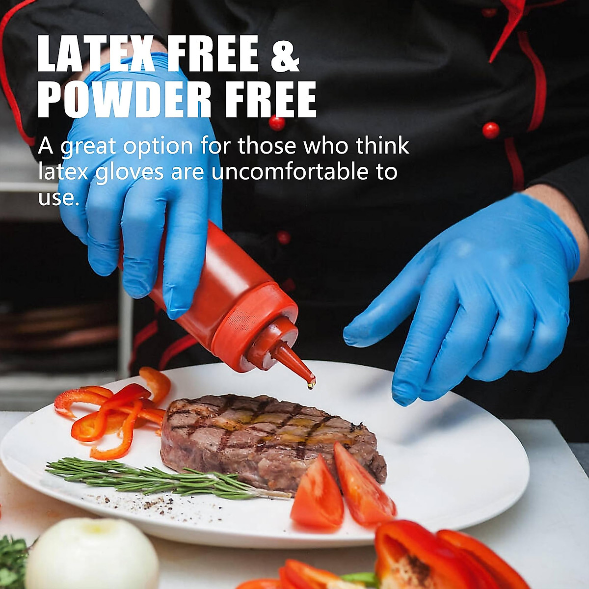 Amozife Blue Nitrile Disposable Gloves, 4 Mil Powder & Latex Free Non-Sterile Exam Gloves for Cooking, Cleaning, Food Prep, Large