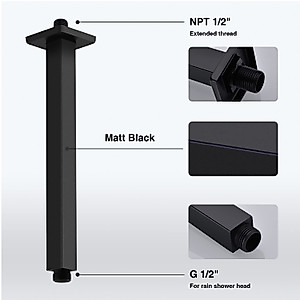 Matte Black Shower Arm with Flange 12 Inch Replacement Extension Pipe Stainless Steel Rainfall Shower Head Extender Arm, Square Shaped