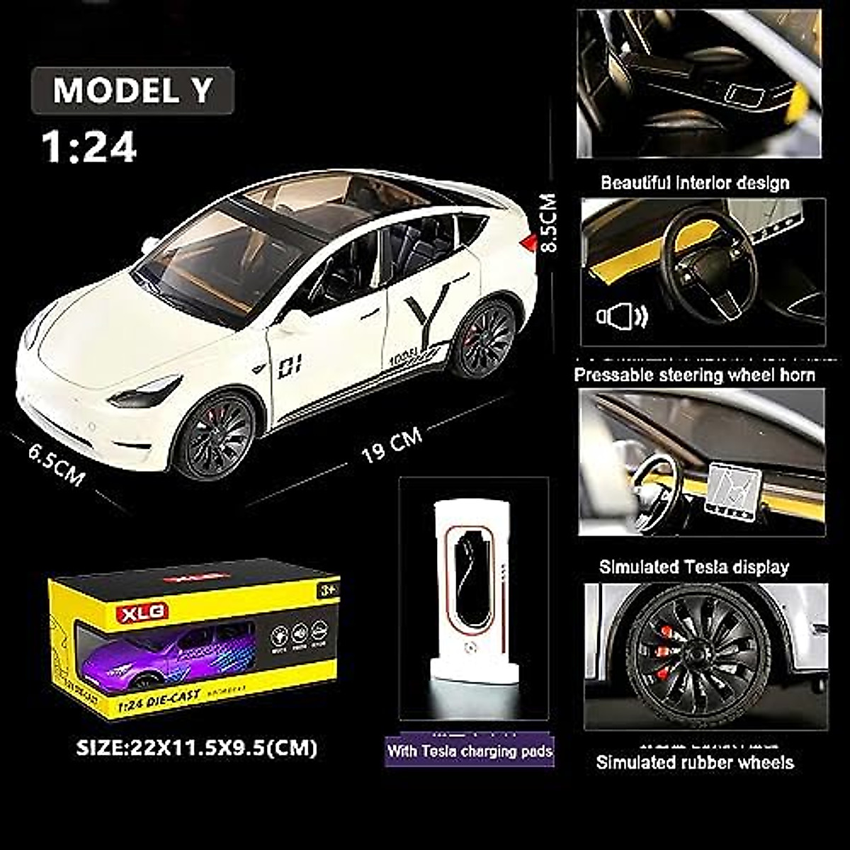1:24 Scale Model Y Alloy Car Model Diecast Toy Vehicles for Kids, car Model Toy，Pull Back Alloy Car with Lights and Music，Gifts for Adults and Children, Decorative Objects, Collectibles.(Logo White)