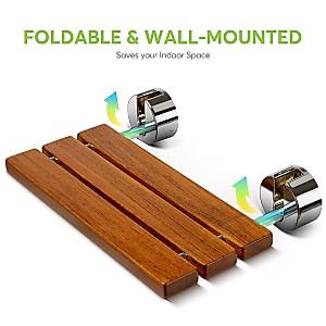 OasisSpace 20” Teak Folding Shower Seat Bench, Medical Wall Mounted Fold Down Shower Seat, 400 lbs Capacity, Teak Shower Bench for Inside Shower Foldable Bathroom Stool Seating Chair